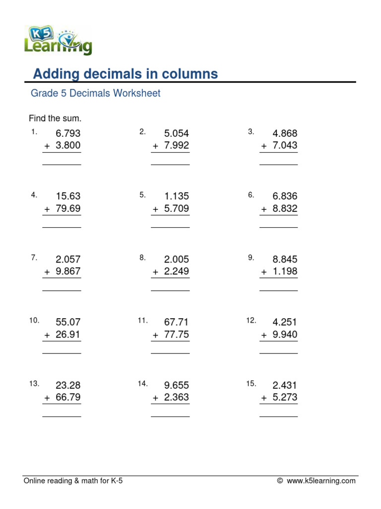Grade 5 Adding Decimals in Columns 3 Digit C | PDF