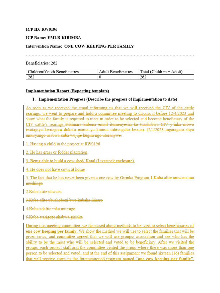 Reporting Template Cow Keeping | PDF | Livestock | Domestication