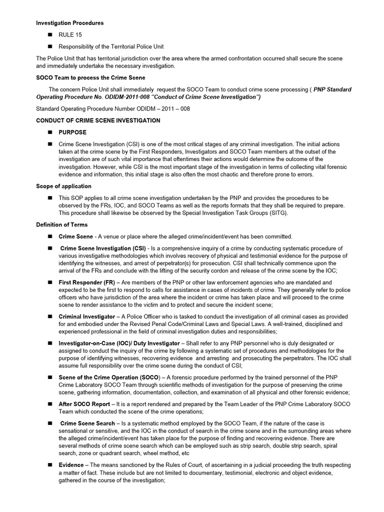 LESSON 3 SOCO Investigation Procedures | PDF | Crime Scene | Forensic ...