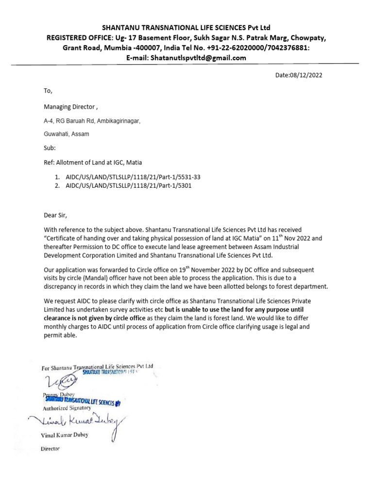 Letter To Aidc Land Circle Office | PDF