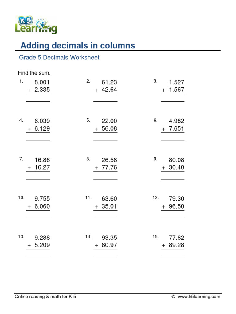 Grade 5 Adding Decimals in Columns 3 Digit B | PDF