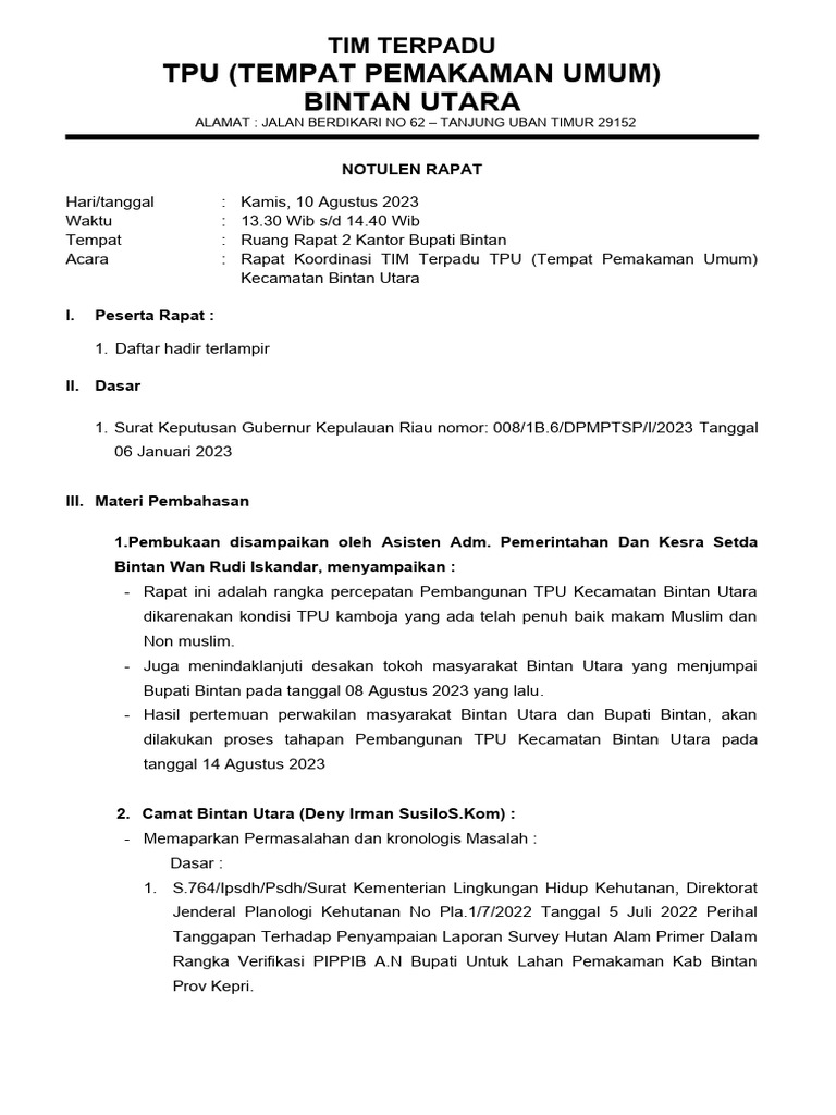 Notulen Rapat TIM Terpadu TPU 100823 - 2 | PDF