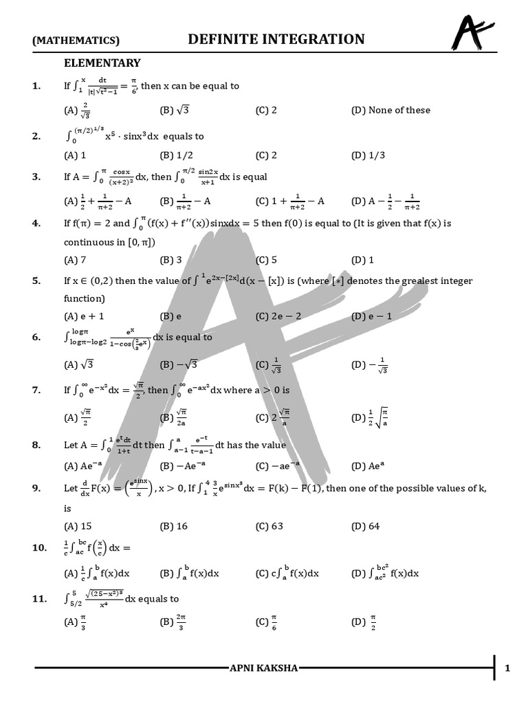 Sheet - 01 - Definite Integration | PDF | Function (Mathematics) | Complex Analysis