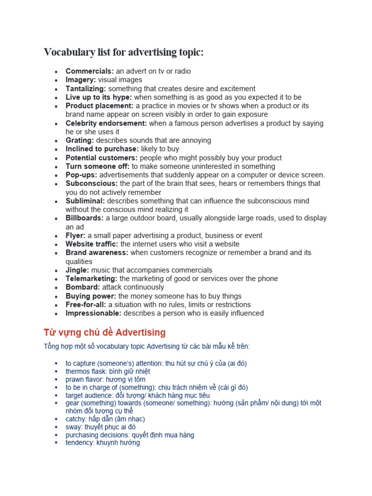 Vocabulary List For Advertising Topic | PDF | Advertising ...