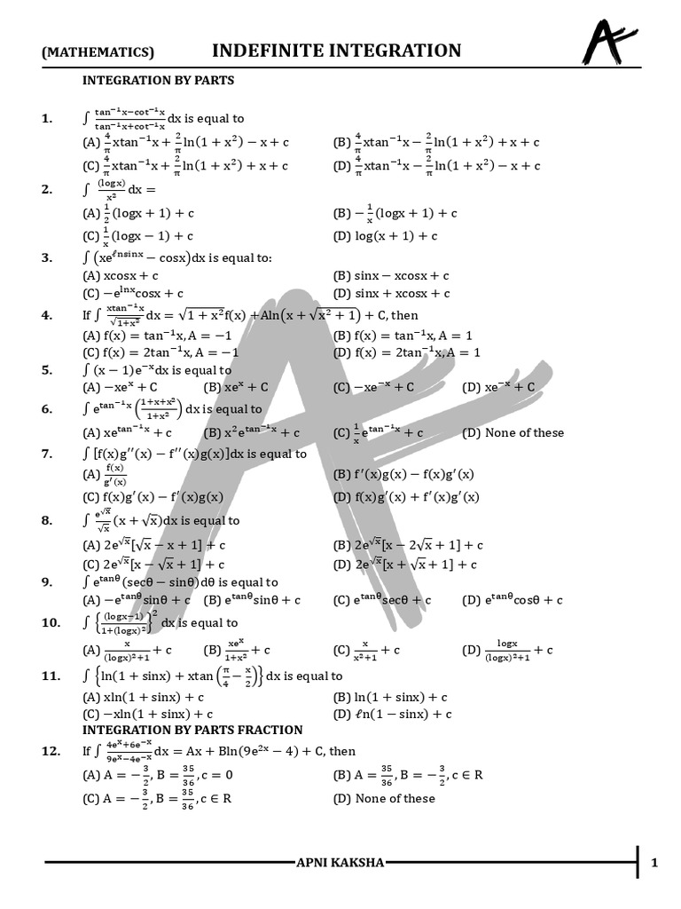 Sheet - 01 - Indefinite Integration | PDF | Calculus | Mathematical Concepts