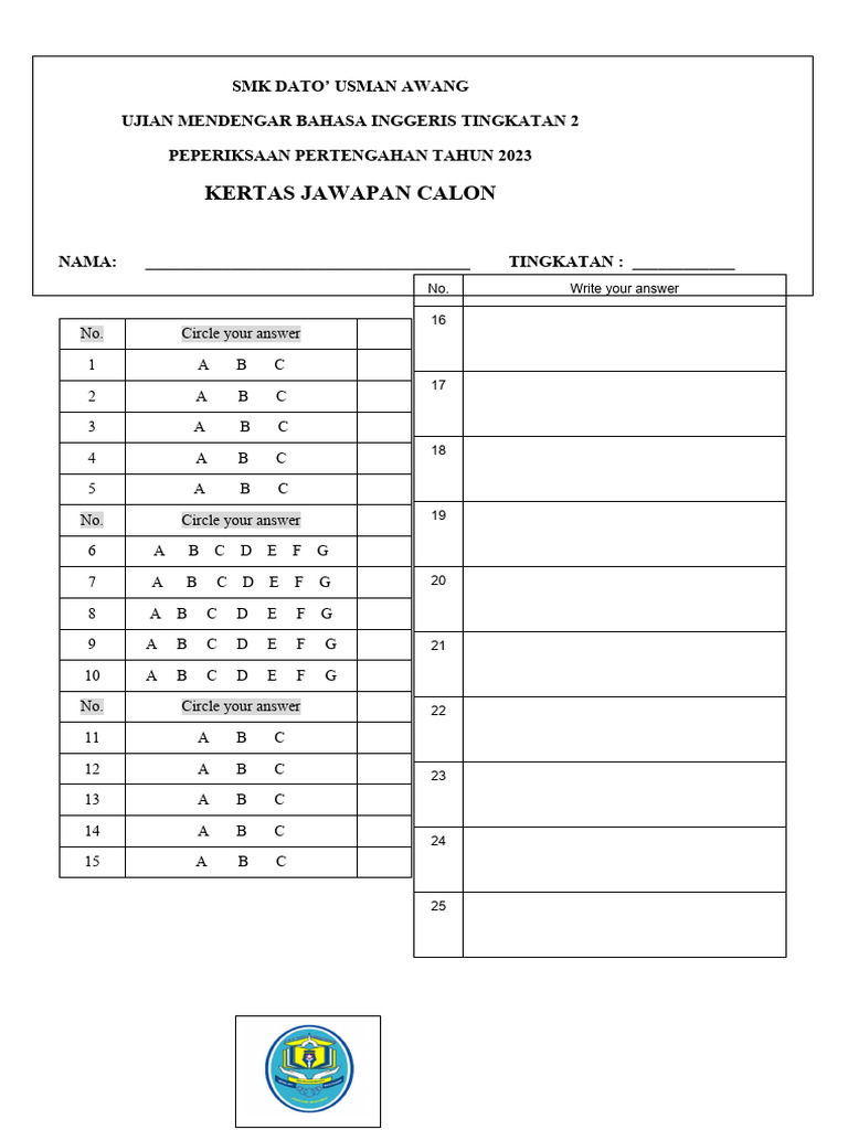 Form 2 Listening Test Mid Year Answer Sheet | PDF