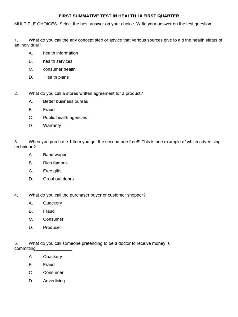 First Summative Test in Health 10 First Quarter | PDF