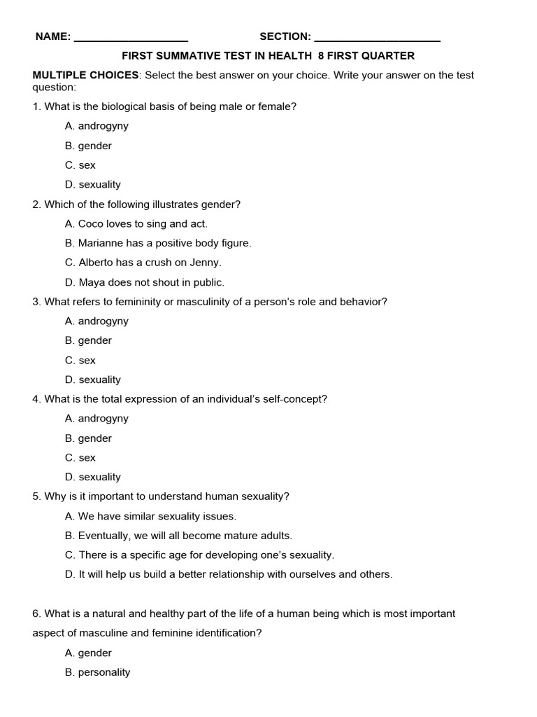 First Summative Test in Health 8 First Quarter | PDF | Gender Studies ...