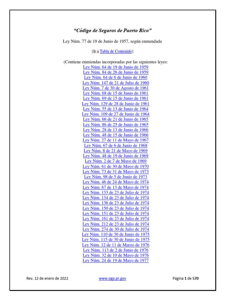 Codigo de Seguros de Puerto Rico Ley Num 77 de 19 de Junio de 1957 ...