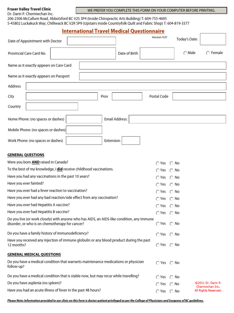 International Travel Medical Questionnaire | PDF | Allergy | Credit Card