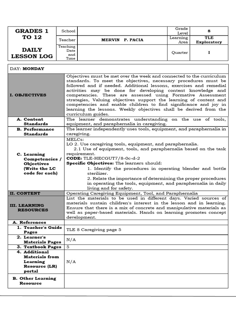 Daily Lesson Log G8 TLE | PDF | Learning | Cognition