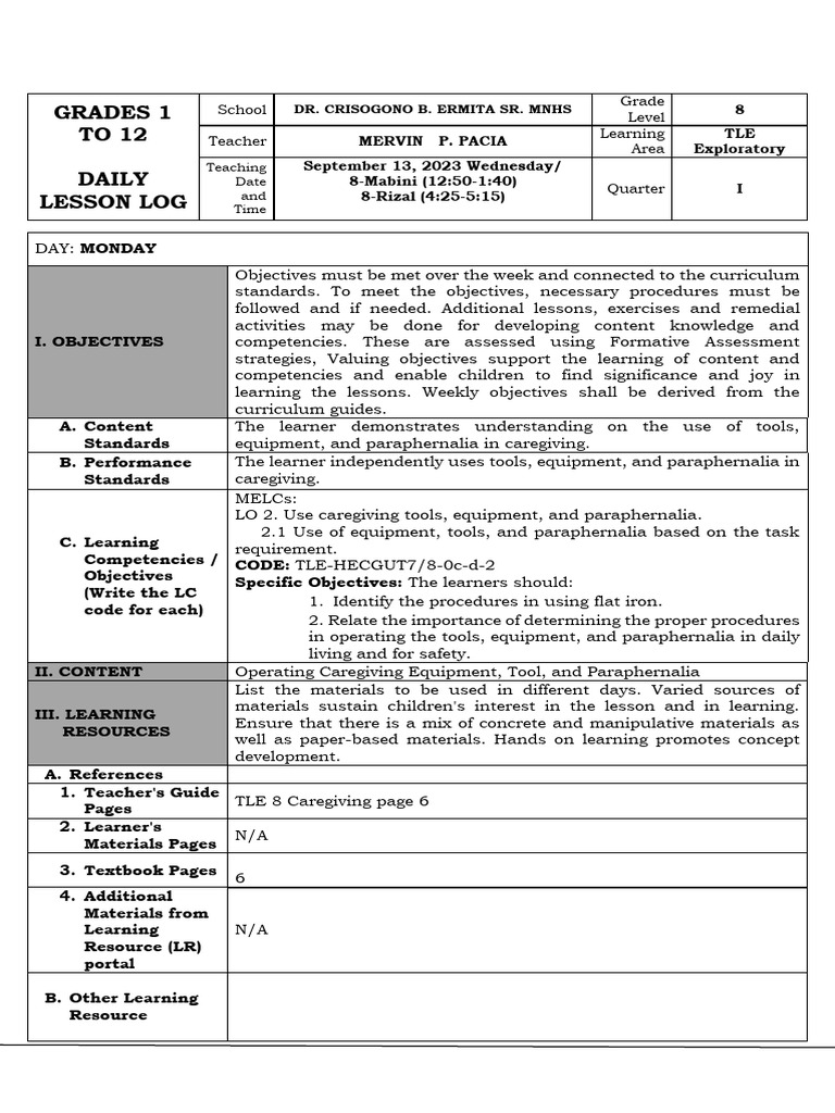 Daily Lesson Log G8 TLE Iron | Download Free PDF | Learning | Teachers