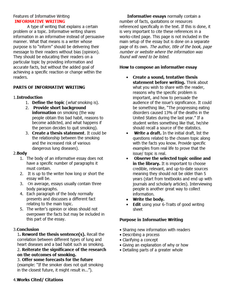 Features of Informative Writing | PDF | Essays | Tobacco Smoking