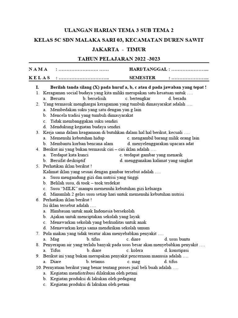 Ulangan Harian Tema 3 Sub Tema 2 | PDF