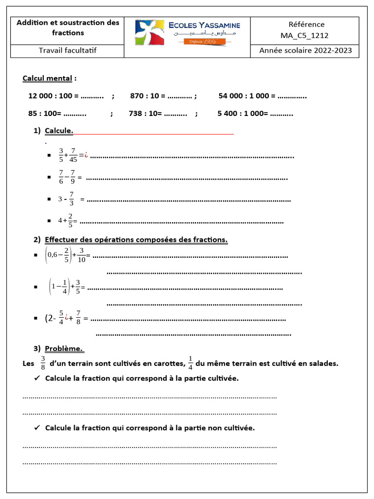 C5 Série Les Fractions Addition Et Soustraction 2 | PDF