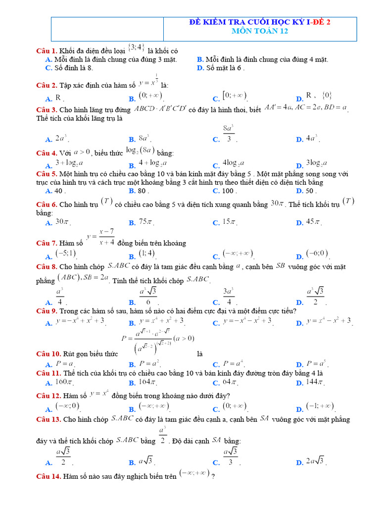 Đề 2 Toán 12 hk1 | PDF
