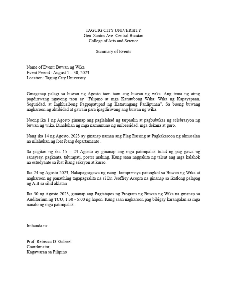 Summary Of Events PDF