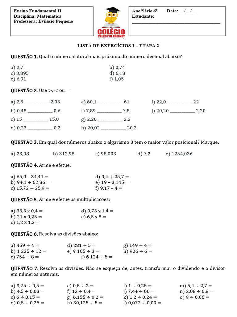 Lista de Exercícios - 6º Ano - Decimais | PDF
