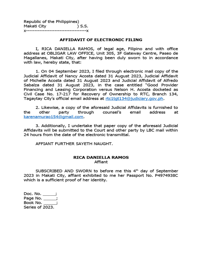 Affidavit of Electronic Filing Sample | PDF