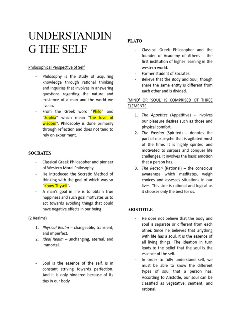Understanding The Self (Notes) | PDF | Soul | Philosophy Of Self