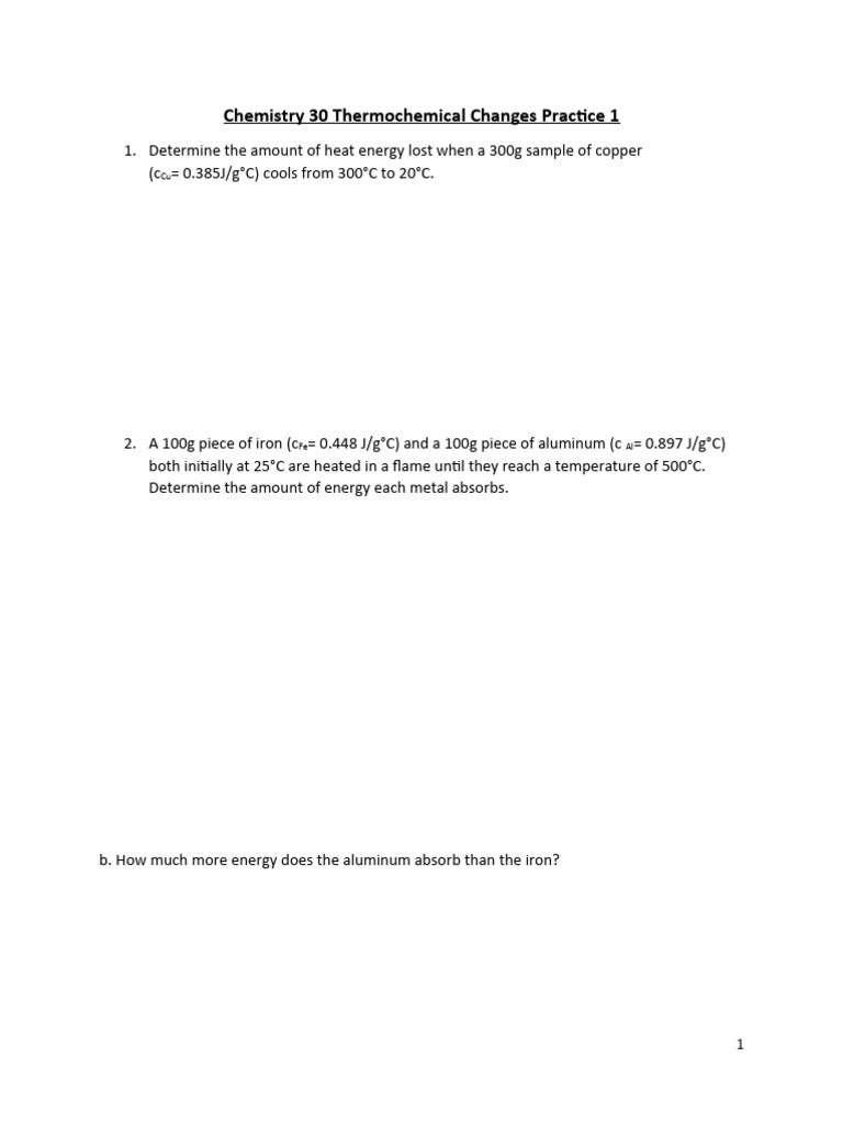Chemistry 30 Thermochemical Changes Practice 1 | PDF | Heat | Heat Capacity