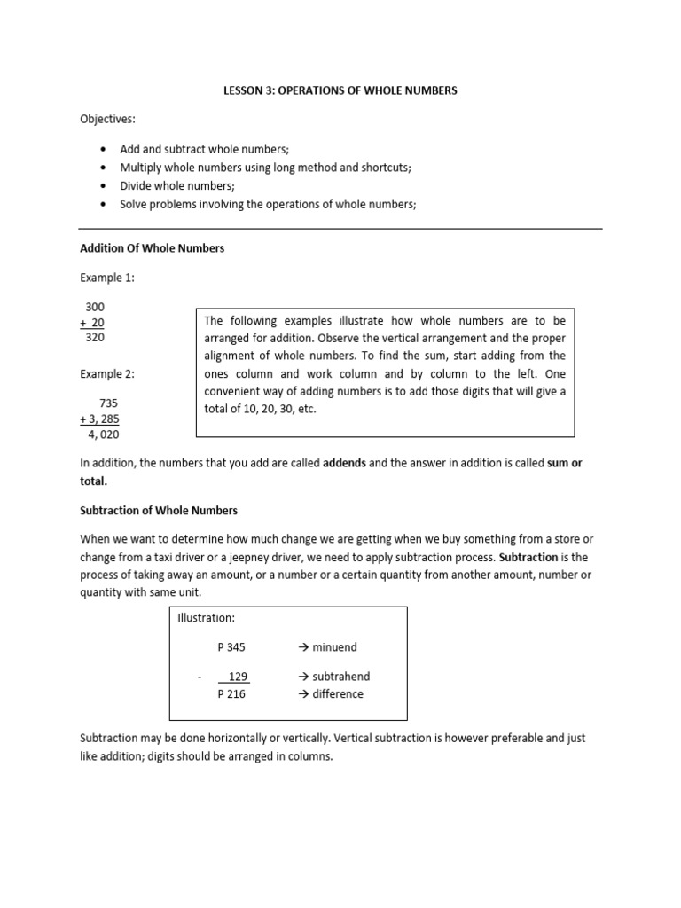 Lesson 3 Operations On Whole Numbers | PDF | Division (Mathematics ...