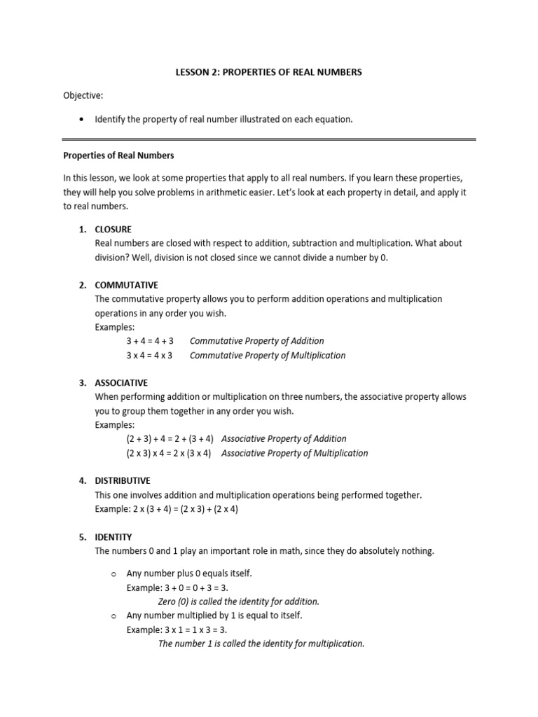 Lesson 2 Properties of Real Numbers | PDF