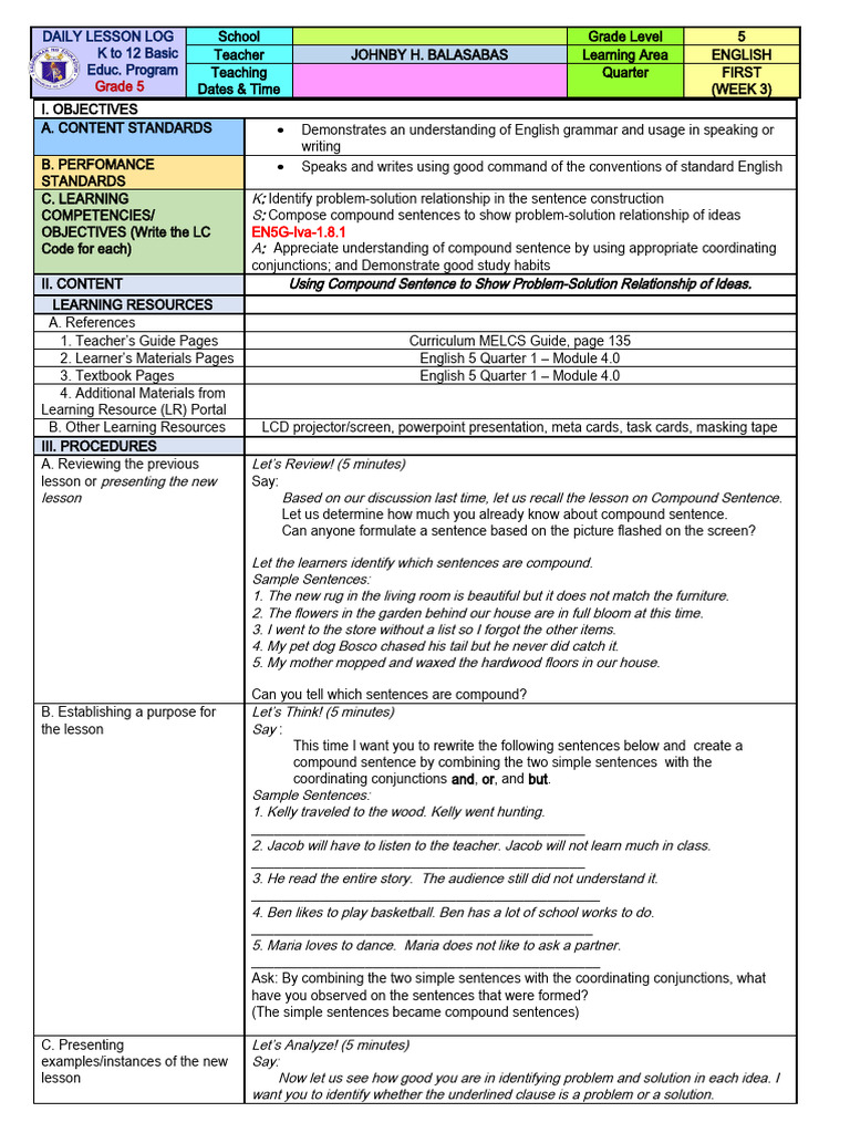 Problem-Solution Sentences in Grade 5 | PDF | Sentence (Linguistics ...