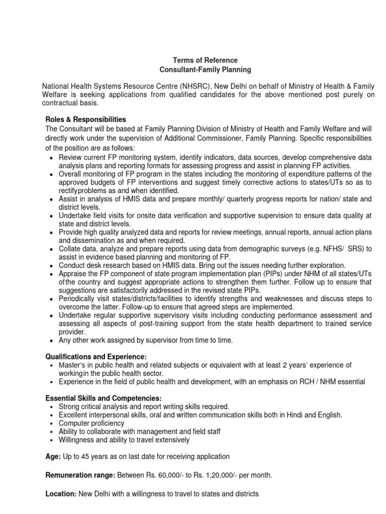 TOR Consultant-Family Planning | PDF | Data