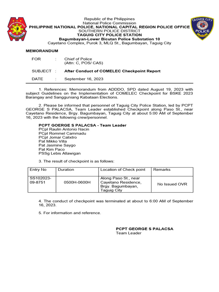SS10 AAR COMELEC Checkpoint September 16, 2023 5AM-7AM | Download Free ...