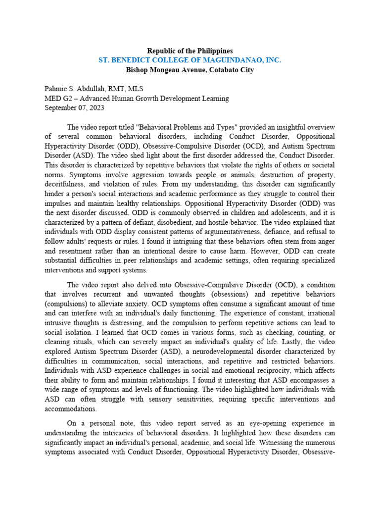 Reflection Paper - Behavioral Problems and Types | PDF | Obsessive–Compulsive Disorder | Mental ...