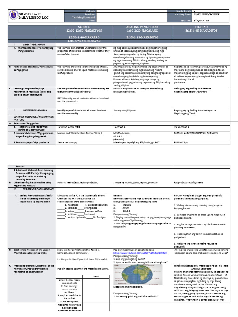 DLL IN SCIENCE, AP AND fILIPINO Q1W2 DAY 3 | PDF