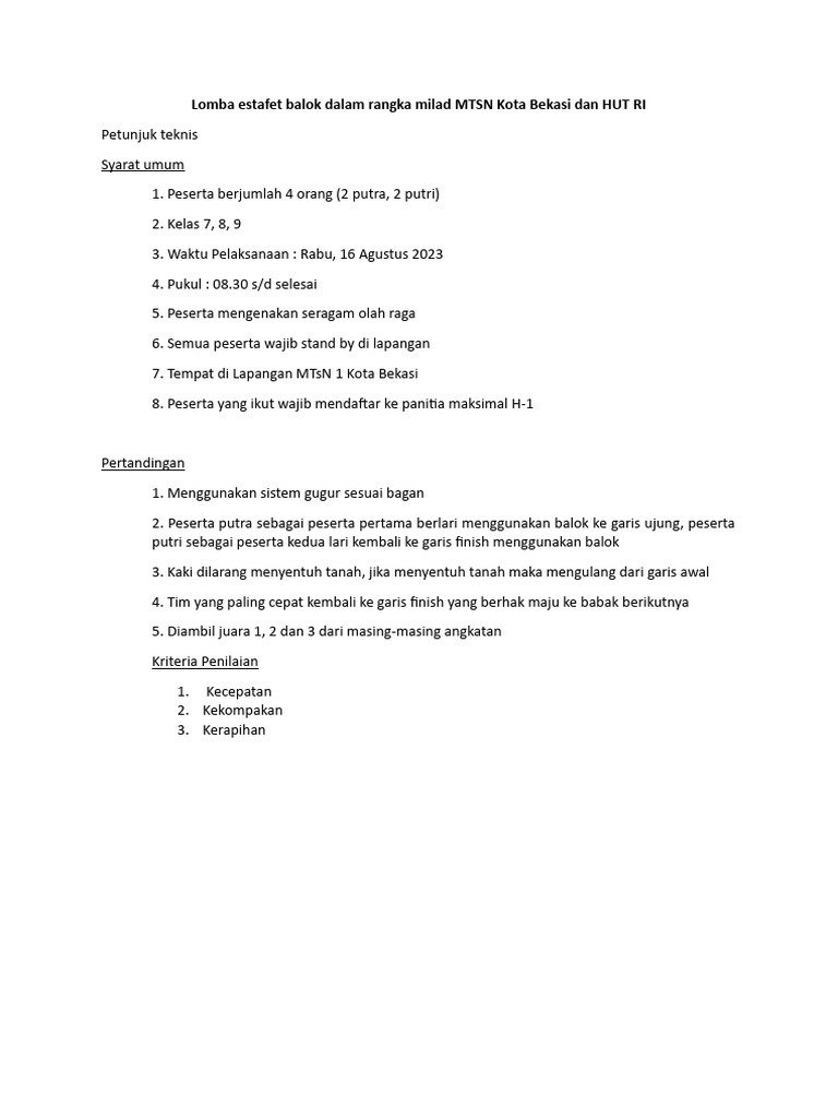 Juknis Lomba Estafet Balok | PDF