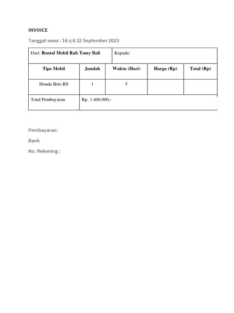 Invoice Sewa Honda Brio Bali | PDF