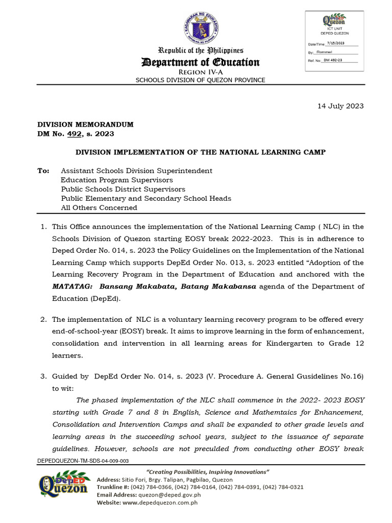 DM 492 S. 2023 Division Implementation of National Learning Camp | PDF