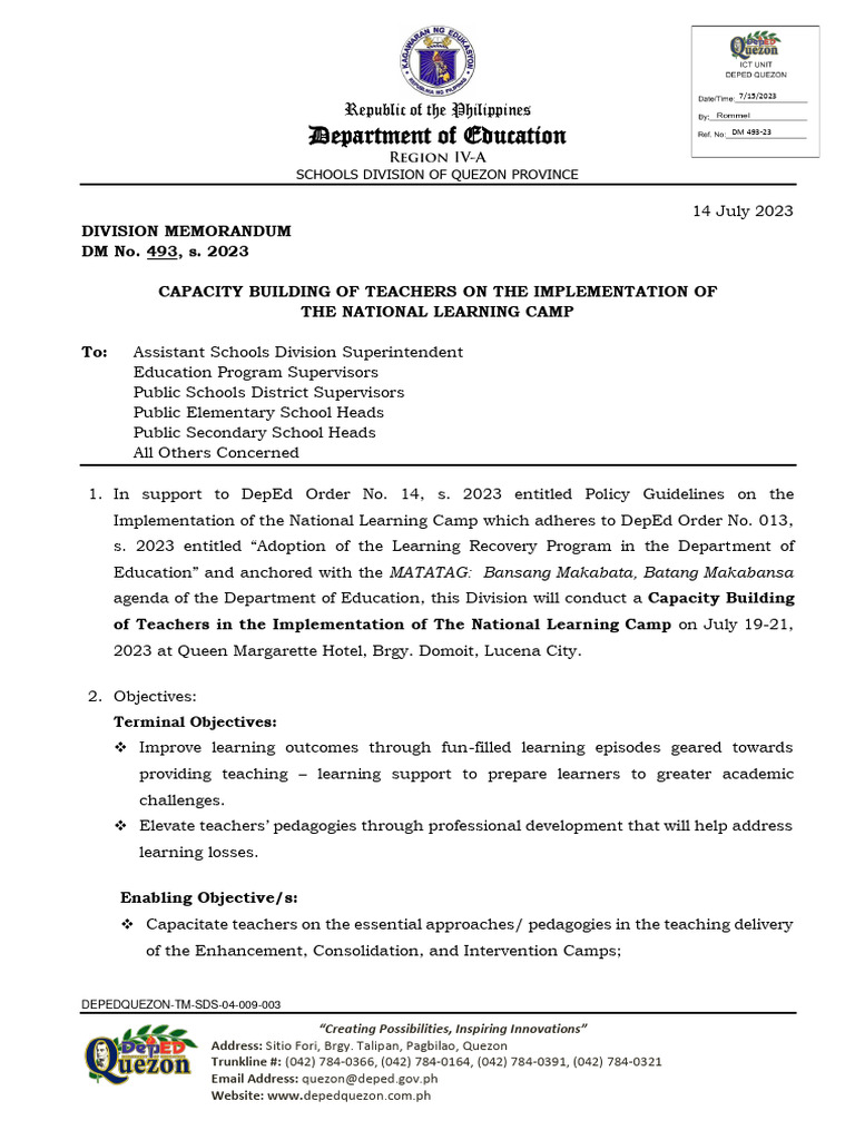 DM 493 S. 2023 Capacity Building For Grades 78 Teachers | PDF ...