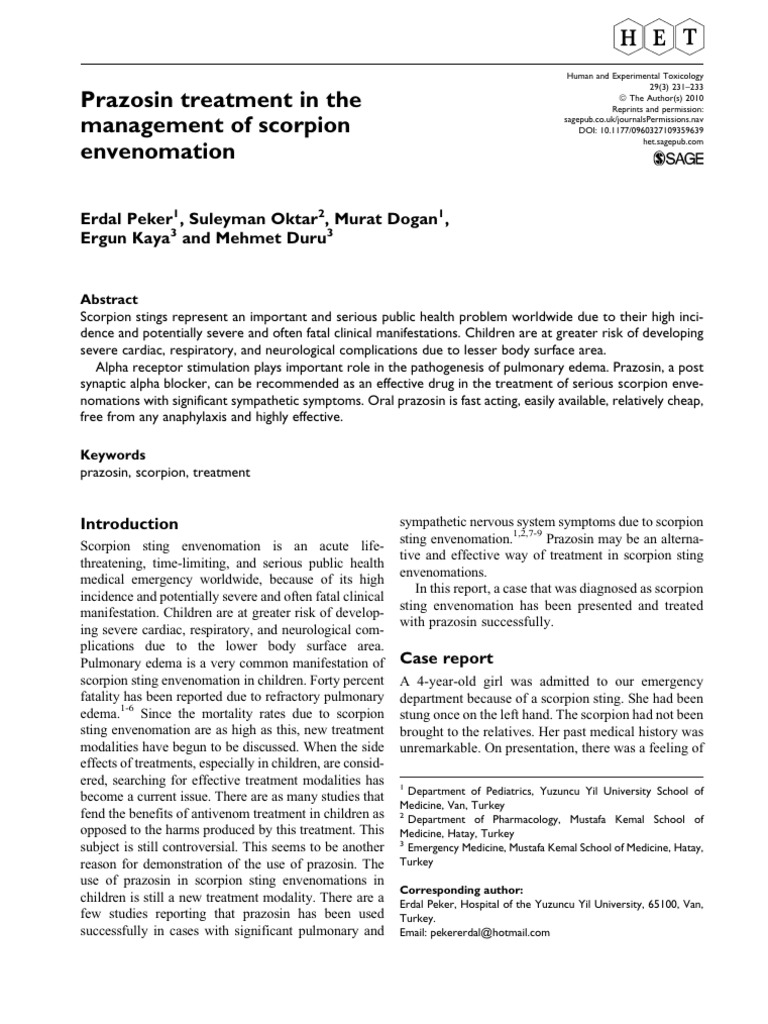 Prazosin Treatment in Scorpion Sting | PDF | Heart Failure | Diseases ...