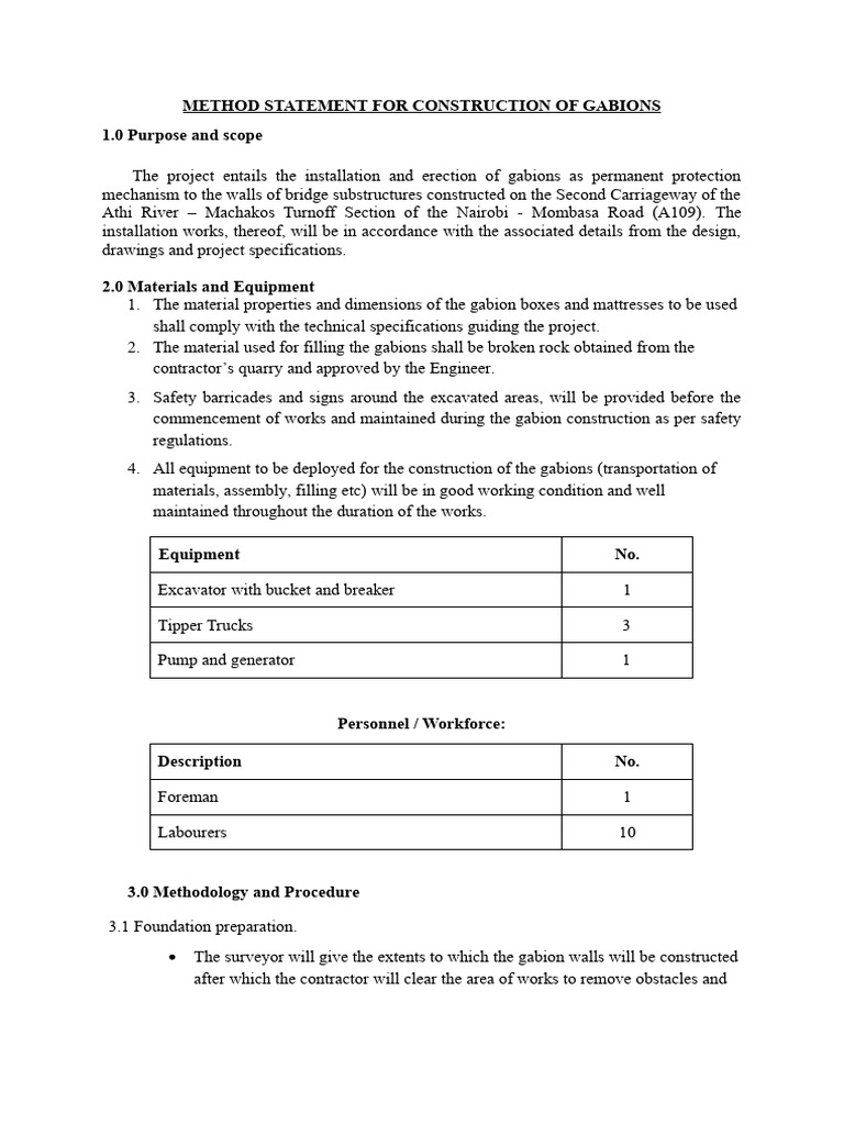 Method Statement For Construction of Gabions | PDF
