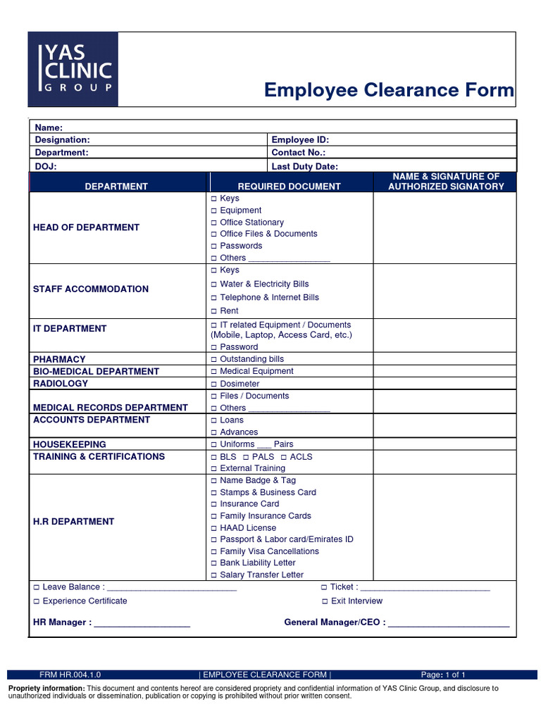 YAS Clinic Group Employee Clearance Form | PDF | Privacy