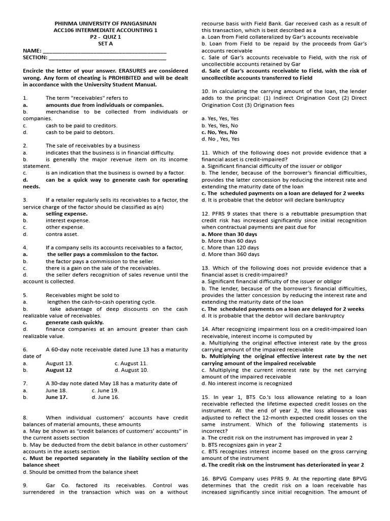 Acc106 P2 Quiz 1 Questions Set A K Pdf Loans Debits And Credits