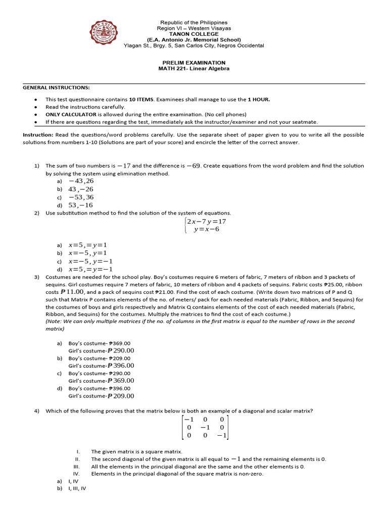 College Exam-Math 221 | PDF | Matrix (Mathematics) | Mathematical Concepts