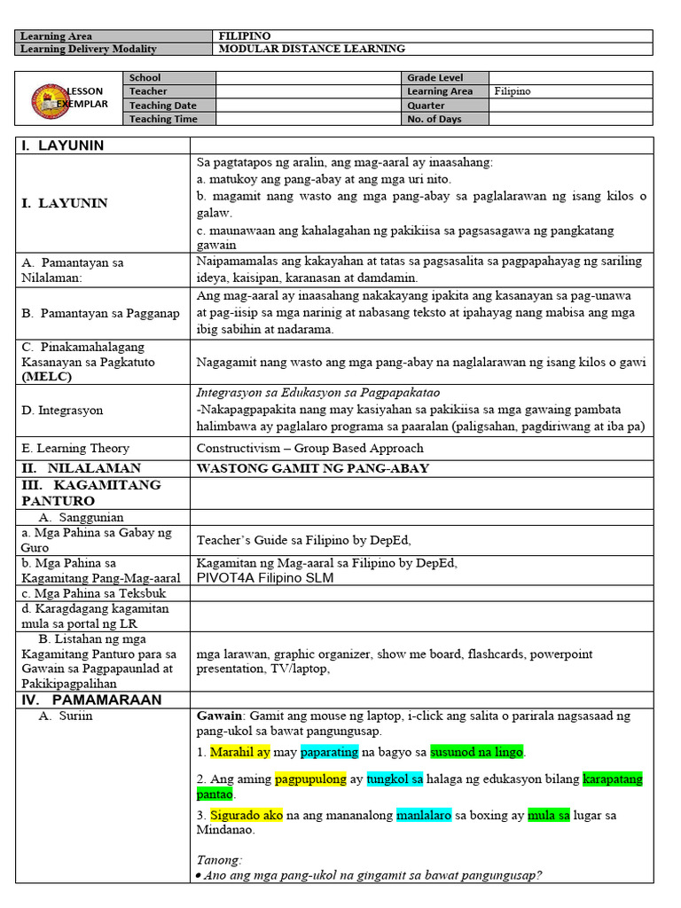 Filipino DLP - Wastong Gamit NG Pang-Abay | PDF