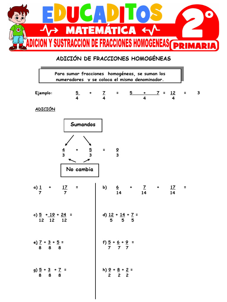 Adicion y Sustraccion de Fracciones Homogeneas para Segundo Grado de ...