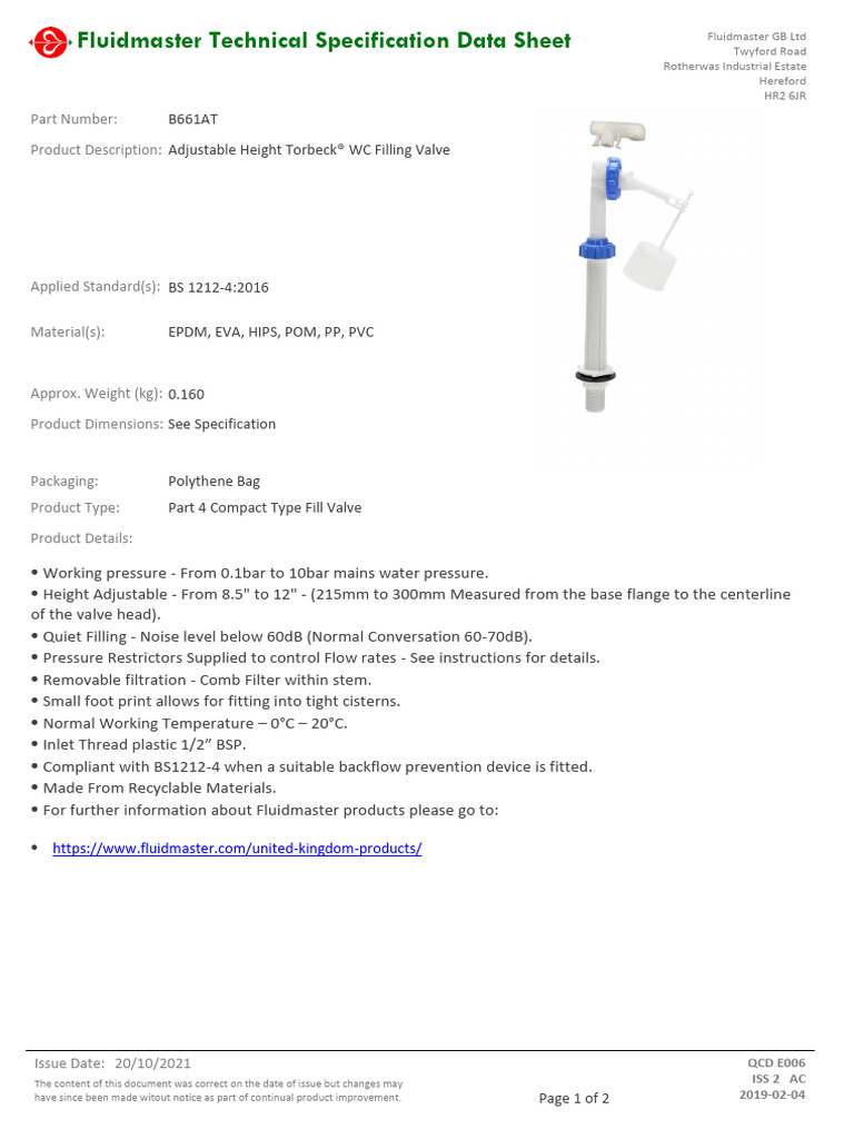 Manual Fluidmaster Technical Specification Data Sheet 32033 | PDF ...