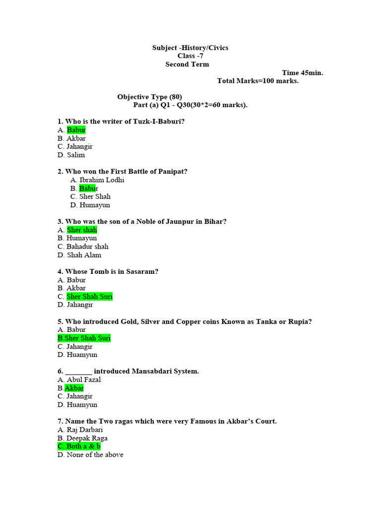 Set 2 With Answers | PDF | Mughal Empire