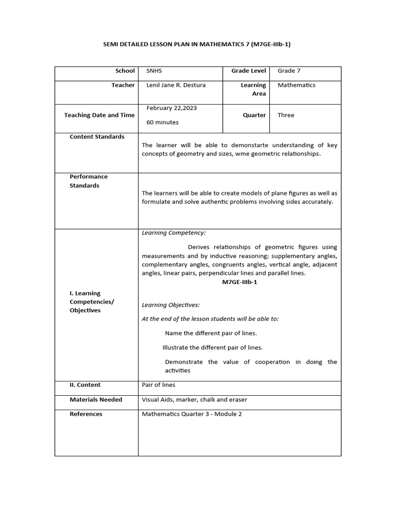 Lesson Plan (Pair of Lines) | PDF | Perpendicular | Learning