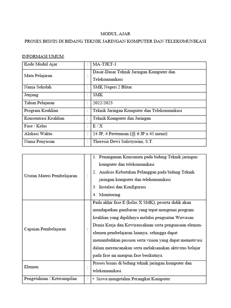 Modul Ajar Dasar TJKT Elemen 1 | PDF
