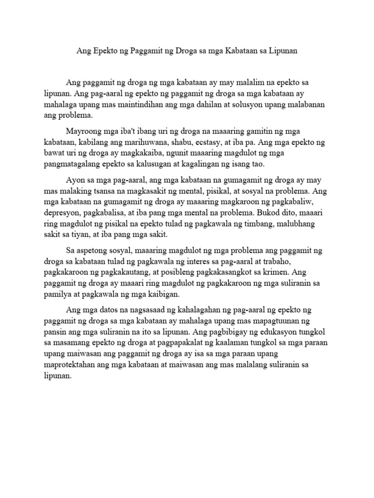 Ang Epekto NG Paggamit NG Droga Sa Mga Kabataan Sa Lipunan | PDF Ang Epekto NG Paggamit NG Droga Sa Mga Kabataan Sa Lipunan | PDF
