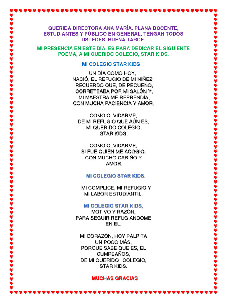 Poema por el Aniversario del Colegio Star Kids | PDF