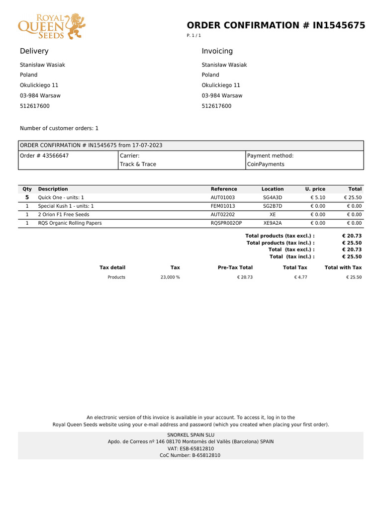 Order Confirmation # In1545675: Delivery Invoicing | PDF | Money ...